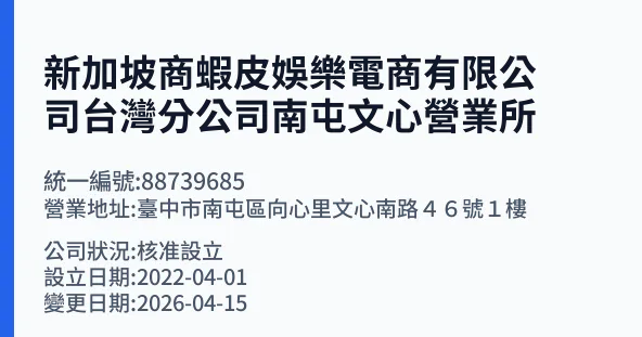 新加坡商蝦皮娛樂電商有限公司台灣分公司南屯文心營業所的照片-統編 88739685(臺中市) 公司登記資料與營業項目詳細圖表
