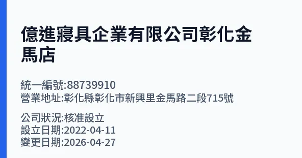 億進寢具企業有限公司彰化金馬店的照片-統編 88739910(彰化縣) 公司登記資料與營業項目詳細圖表