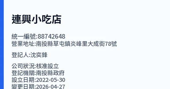 連興小吃店的照片-統編 88742648(南投縣) 公司登記資料與營業項目詳細圖表