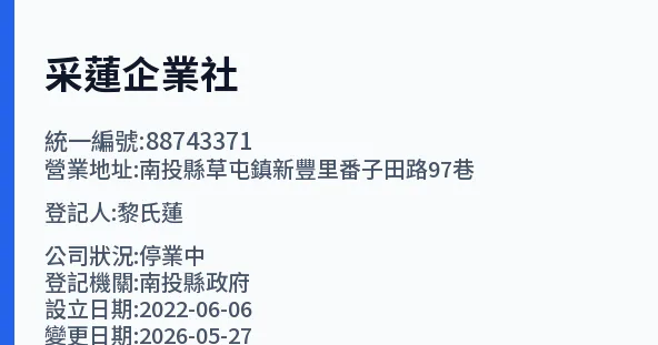 采蓮企業社的照片-統編 88743371(南投縣) 公司登記資料與營業項目詳細圖表