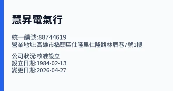 慧昇電氣行的照片-統編 88744619(高雄市) 公司登記資料與營業項目詳細圖表