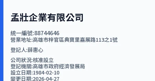 孟壯企業有限公司的照片-統編 88744646(高雄市) 公司登記資料與營業項目詳細圖表