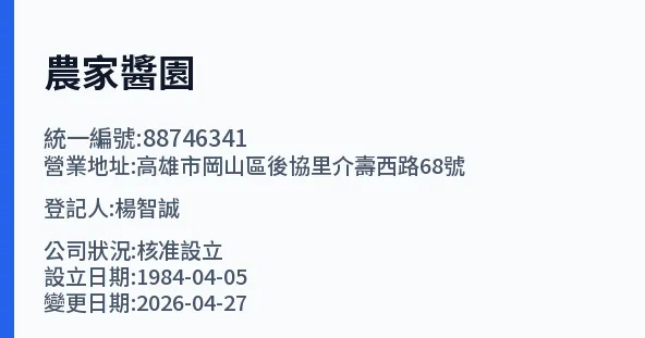 農家醬園的照片-統編 88746341(高雄市) 公司登記資料與營業項目詳細圖表