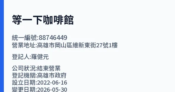 等一下咖啡館的照片-統編 88746449(高雄市) 公司登記資料與營業項目詳細圖表
