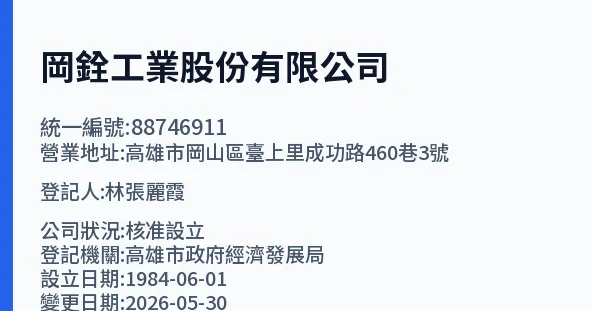 岡銓工業股份有限公司的照片-統編 88746911(高雄市) 公司登記資料與營業項目詳細圖表