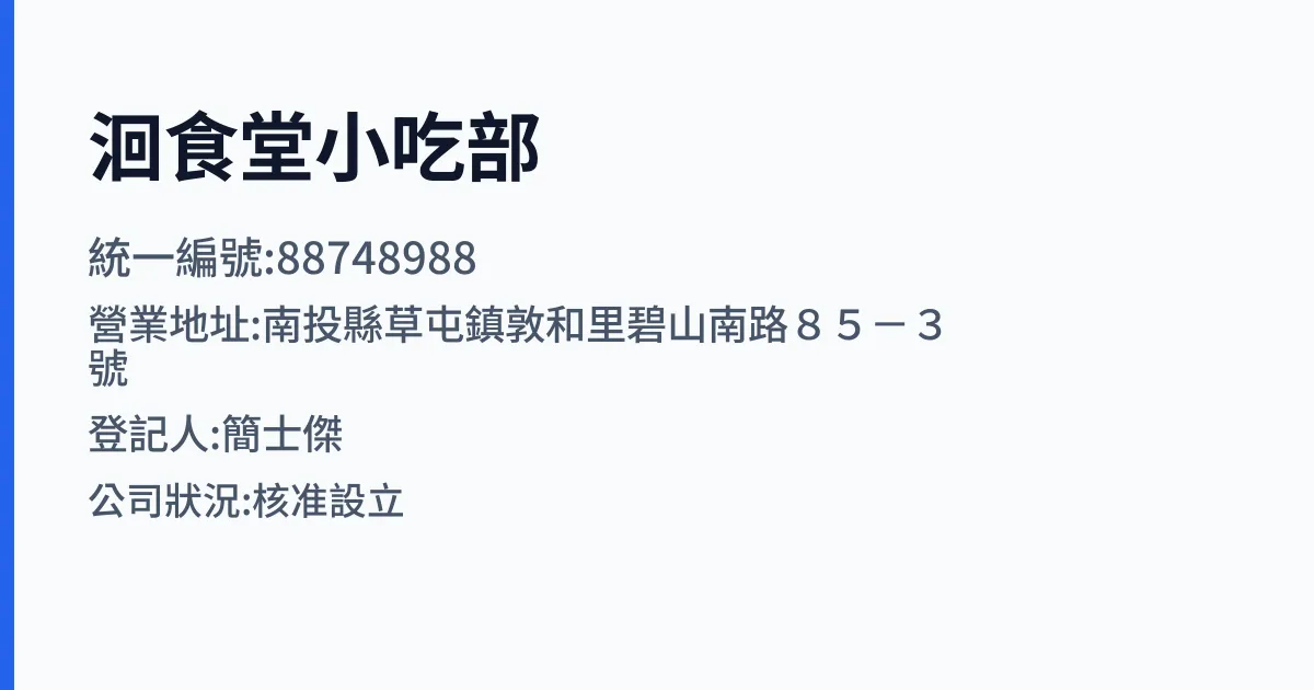洄食堂小吃部 - 統編 88748988(南投縣) 公司登記資料與營業項目詳細圖表