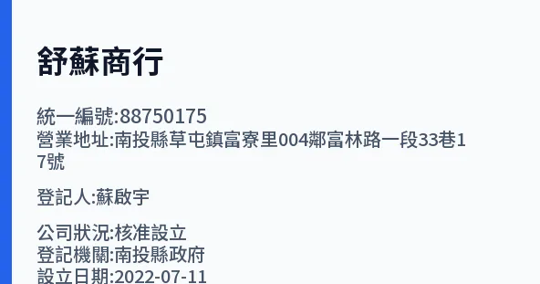 舒蘇商行的照片-統編 88750175(南投縣) 公司登記資料與營業項目詳細圖表