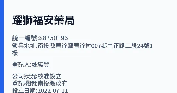 躍獅福安藥局的照片-統編 88750196(南投縣) 公司登記資料與營業項目詳細圖表