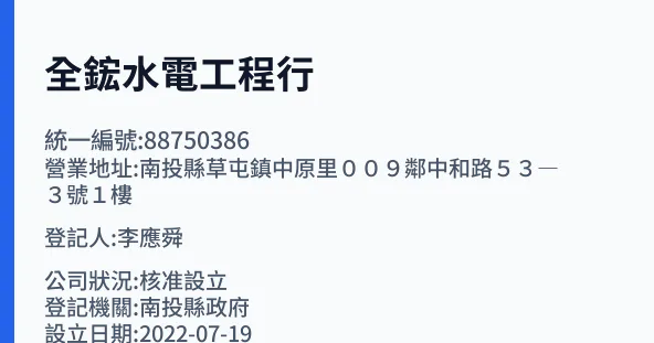 全鋐水電工程行的照片-統編 88750386(南投縣) 公司登記資料與營業項目詳細圖表