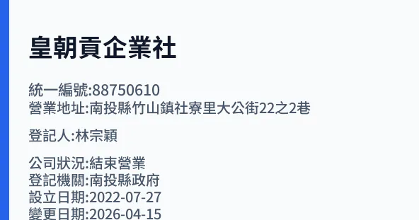 皇朝貢企業社的照片-統編 88750610(南投縣) 公司登記資料與營業項目詳細圖表