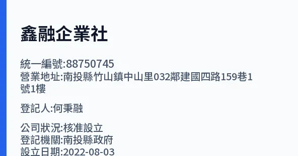 鑫融企業社的照片-統編 88750745(南投縣) 公司登記資料與營業項目詳細圖表