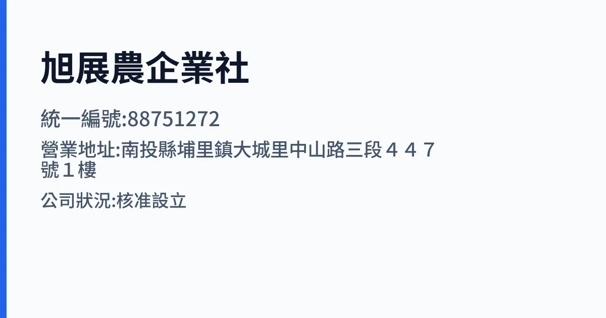 旭展農企業社 - 統編 88751272(南投縣) 公司登記資料與營業項目詳細圖表