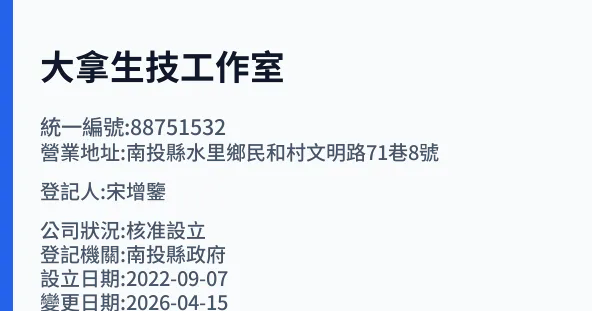 大拿生技工作室的照片-統編 88751532(南投縣) 公司登記資料與營業項目詳細圖表
