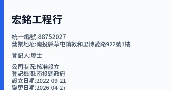 宏銘工程行的照片-統編 88752027(南投縣) 公司登記資料與營業項目詳細圖表
