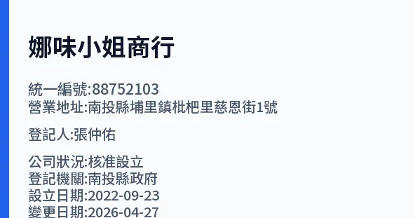 娜味小姐商行的照片-統編 88752103(南投縣) 公司登記資料與營業項目詳細圖表