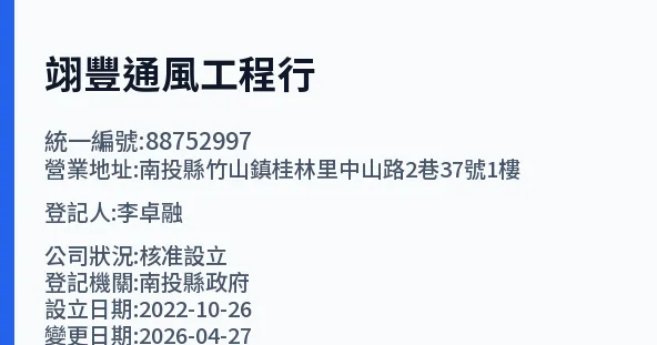 翊豐通風工程行的照片-統編 88752997(南投縣) 公司登記資料與營業項目詳細圖表