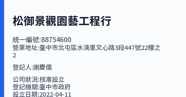 松御景觀園藝工程行的照片-統編 88754600(臺中市) 公司登記資料與營業項目詳細圖表