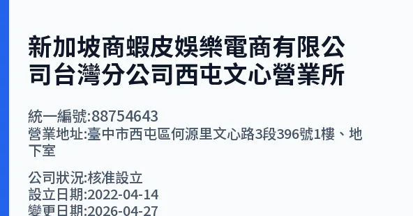 新加坡商蝦皮娛樂電商有限公司台灣分公司西屯文心營業所的照片-統編 88754643(臺中市) 公司登記資料與營業項目詳細圖表