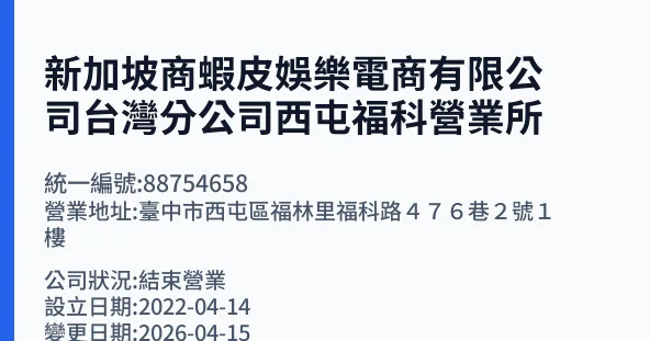 新加坡商蝦皮娛樂電商有限公司台灣分公司西屯福科營業所的照片-統編 88754658(臺中市) 公司登記資料與營業項目詳細圖表