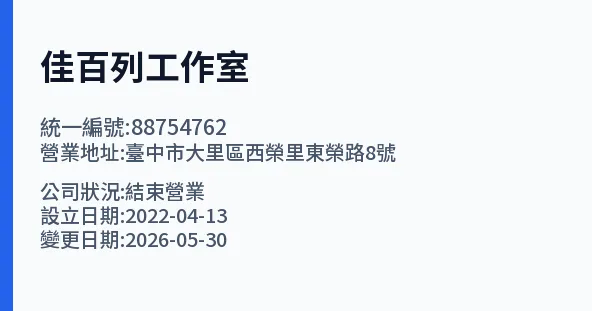 佳百列工作室的照片-統編 88754762(臺中市) 公司登記資料與營業項目詳細圖表