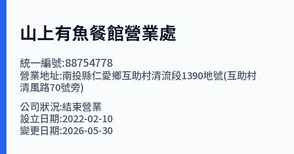 山上有魚餐館營業處的照片-統編 88754778(南投縣) 公司登記資料與營業項目詳細圖表