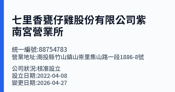 七里香甕仔雞股份有限公司紫南宮營業所的照片-統編 88754783(南投縣) 公司登記資料與營業項目詳細圖表