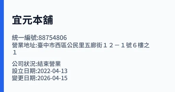 宜元本舖的照片-統編 88754806(臺中市) 公司登記資料與營業項目詳細圖表