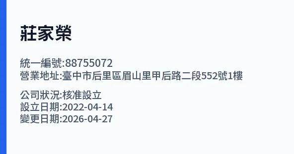 莊家榮的照片-統編 88755072(臺中市) 公司登記資料與營業項目詳細圖表