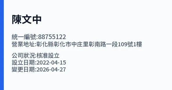 陳文中的照片-統編 88755122(彰化縣) 公司登記資料與營業項目詳細圖表