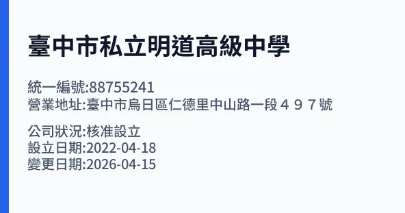 臺中市私立明道高級中學的照片-統編 88755241(臺中市) 公司登記資料與營業項目詳細圖表