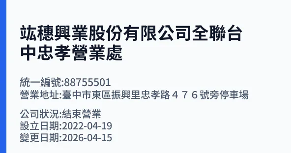竑穗興業股份有限公司全聯台中忠孝營業處的照片-統編 88755501(臺中市) 公司登記資料與營業項目詳細圖表