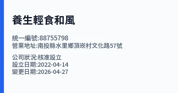 養生輕食和風的照片-統編 88755798(南投縣) 公司登記資料與營業項目詳細圖表