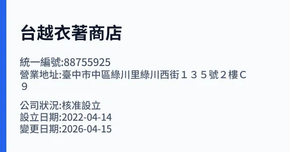 台越衣著商店的照片-統編 88755925(臺中市) 公司登記資料與營業項目詳細圖表