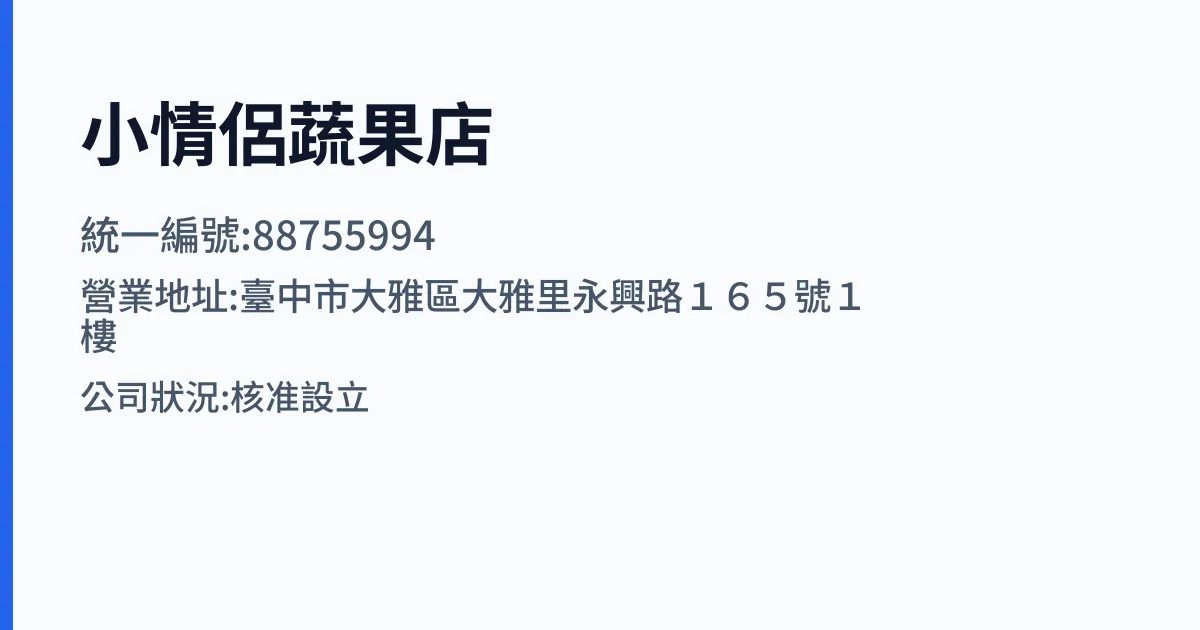 小情侶蔬果店 - 統編 88755994(臺中市) 公司登記資料與營業項目詳細圖表