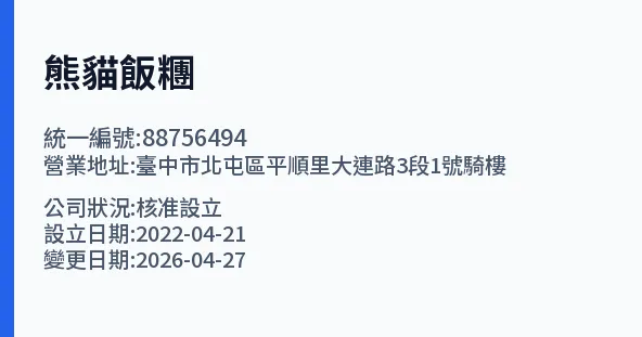 熊貓飯糰的照片-統編 88756494(臺中市) 公司登記資料與營業項目詳細圖表