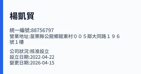 楊凱貿的照片-統編 88756797(苗栗縣) 公司登記資料與營業項目詳細圖表