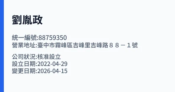 劉胤政的照片-統編 88759350(臺中市) 公司登記資料與營業項目詳細圖表