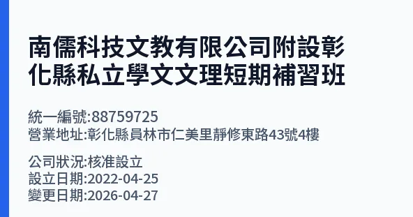 南儒科技文教有限公司附設彰化縣私立學文文理短期補習班的照片-統編 88759725(彰化縣) 公司登記資料與營業項目詳細圖表