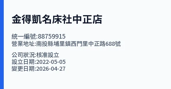 金得凱名床社中正店的照片-統編 88759915(南投縣) 公司登記資料與營業項目詳細圖表