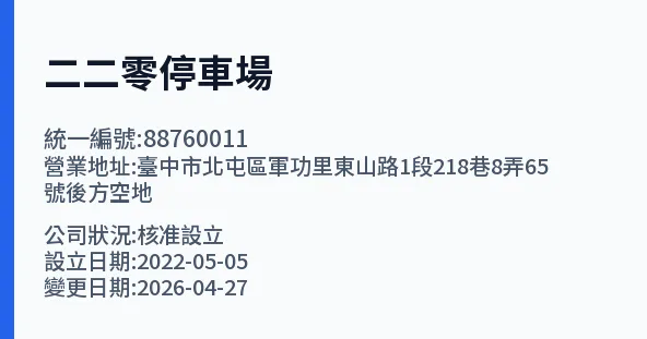 二二零停車場的照片-統編 88760011(臺中市) 公司登記資料與營業項目詳細圖表
