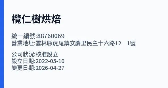 欖仁樹烘焙的照片-統編 88760069(雲林縣) 公司登記資料與營業項目詳細圖表