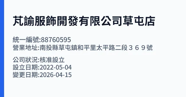 芃諭服飾開發有限公司草屯店的照片-統編 88760595(南投縣) 公司登記資料與營業項目詳細圖表