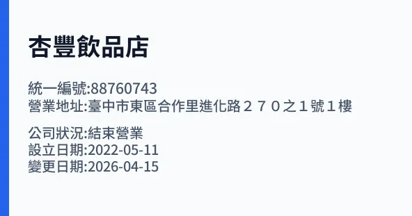 杏豐飲品店的照片-統編 88760743(臺中市) 公司登記資料與營業項目詳細圖表