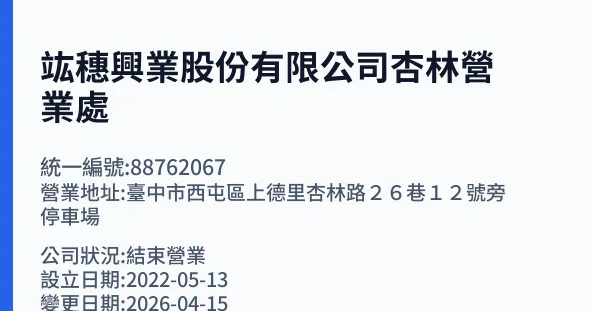 竑穗興業股份有限公司杏林營業處的照片-統編 88762067(臺中市) 公司登記資料與營業項目詳細圖表