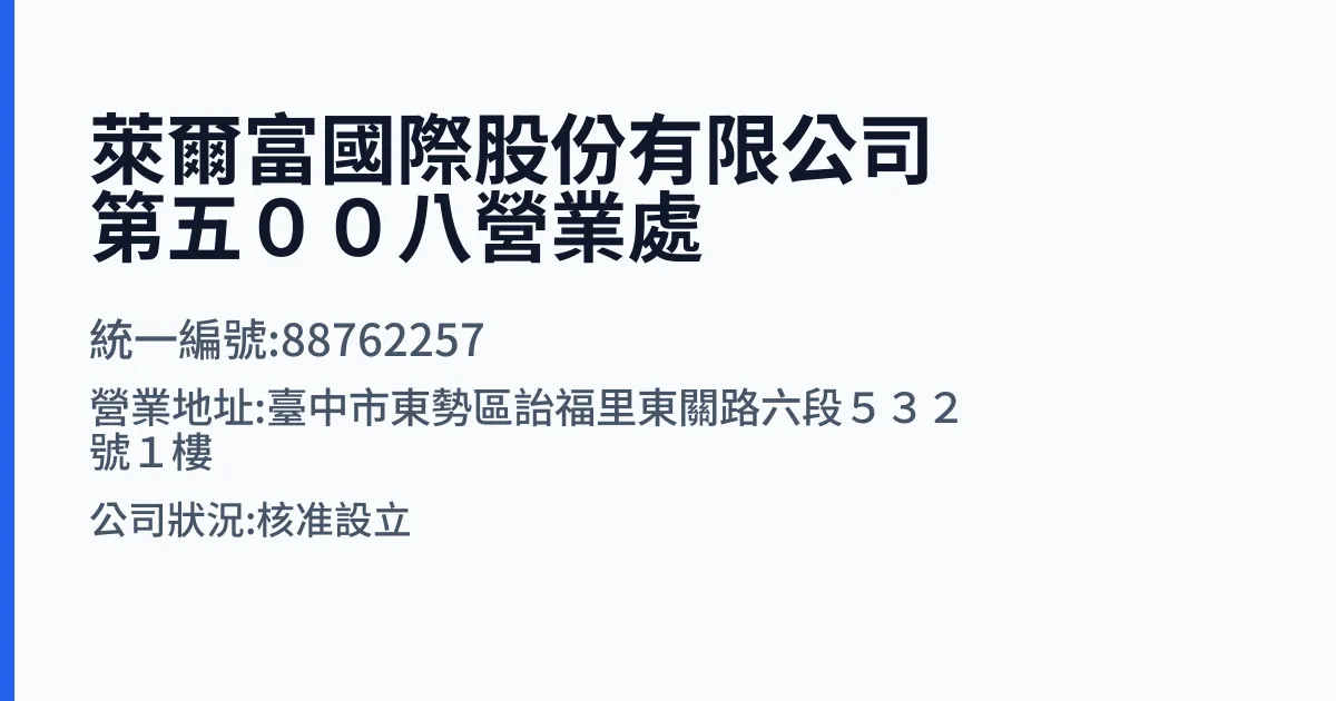 萊爾富國際股份有限公司第五００八營業處 - 統編 88762257(臺中市) 公司登記資料與營業項目詳細圖表