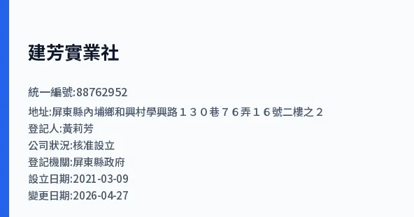 建芳實業社的照片-統編 88762952(屏東縣) 公司登記資料與營業項目詳細圖表