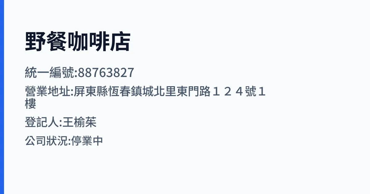 野餐咖啡店 - 統編 88763827(屏東縣) 公司登記資料與營業項目詳細圖表