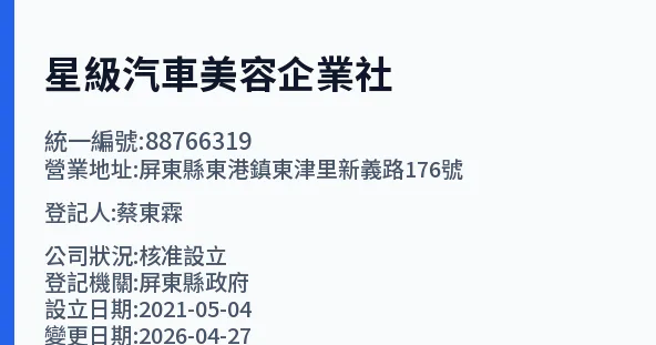 星級汽車美容企業社的照片-統編 88766319(屏東縣) 公司登記資料與營業項目詳細圖表