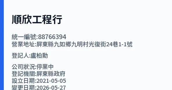 順欣工程行的照片-統編 88766394(屏東縣) 公司登記資料與營業項目詳細圖表
