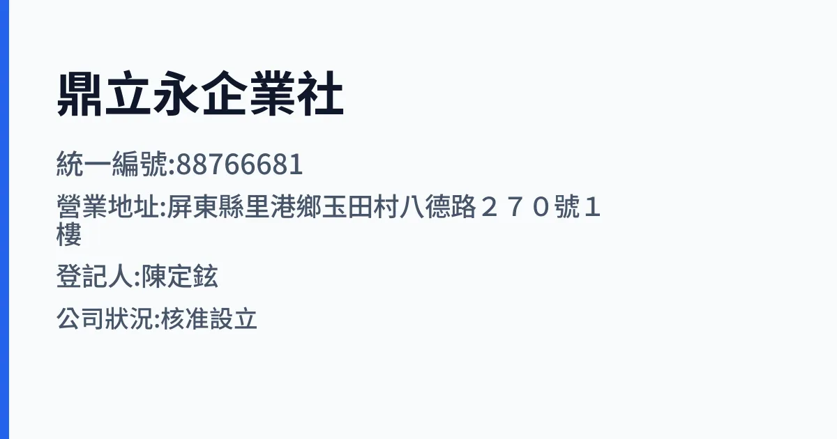鼎立永企業社 - 統編 88766681(屏東縣) 公司登記資料與營業項目詳細圖表